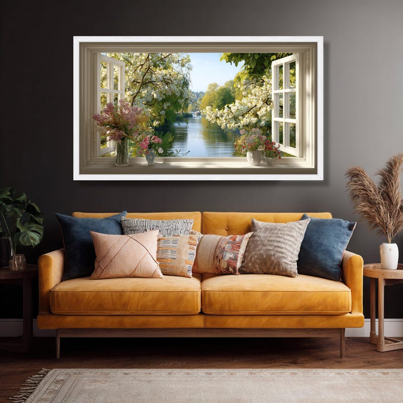 Spring River View Through Open Window Canvas, Floral Branches and ...