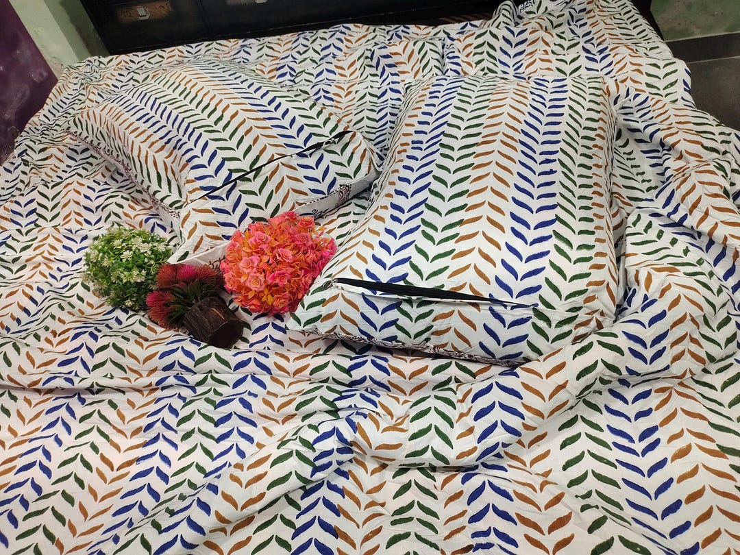 Hand Block Print Cotton Duvet Cover Set | Multicolor Leaf Bedding - Etsy