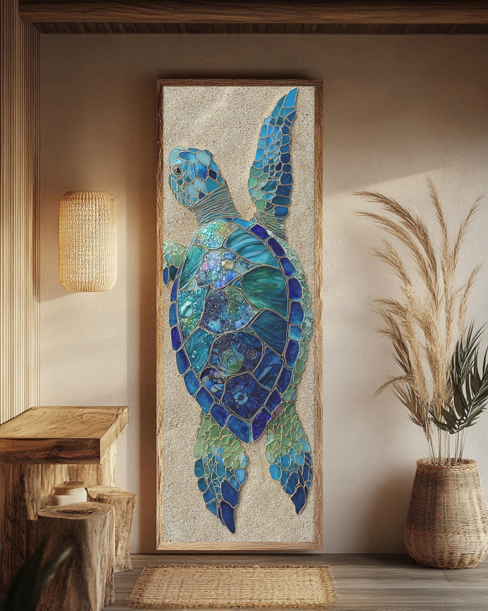 Vertical Sea Turtle Sea Glass Mosaic Canvas – Coastal Ocean Wall Art ...