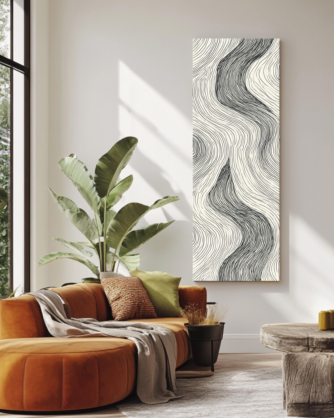 Tall Scandinavian Line Art Canvas Minimal Flowing Black Ink Lines off ...