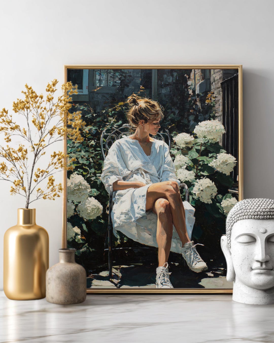 Woman in White Robe Oil Painting, Summer Hydrangea Garden Canvas Art - Etsy