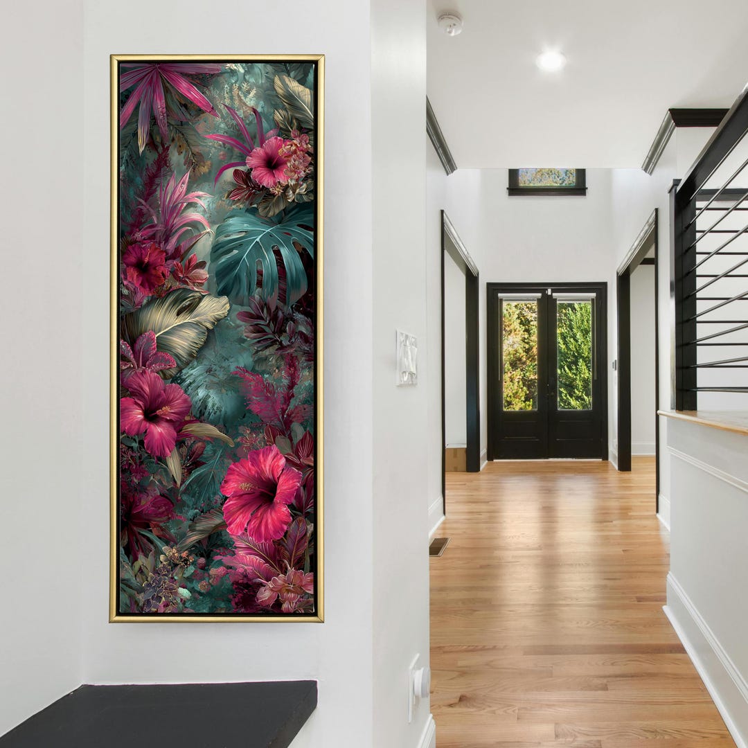 Oversized Tropical Jungle Mural Canvas, Emerald Magenta Botanical Wall ...