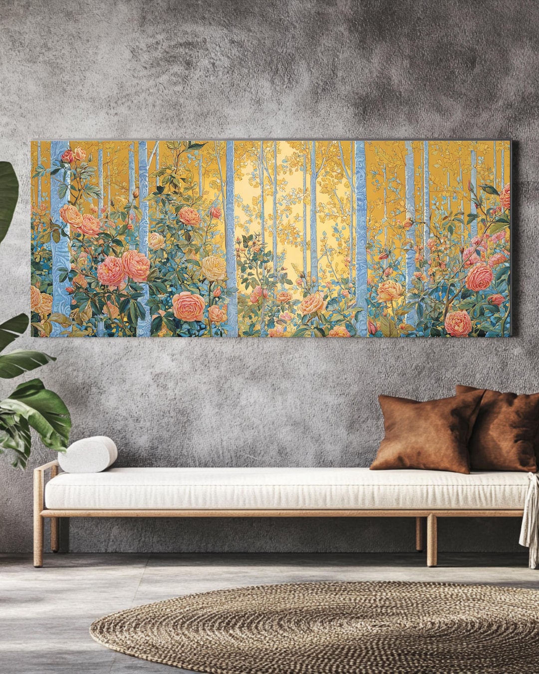 Panoramic William Morris Style Botanical Wall Art, Rose Forest & Blue ...