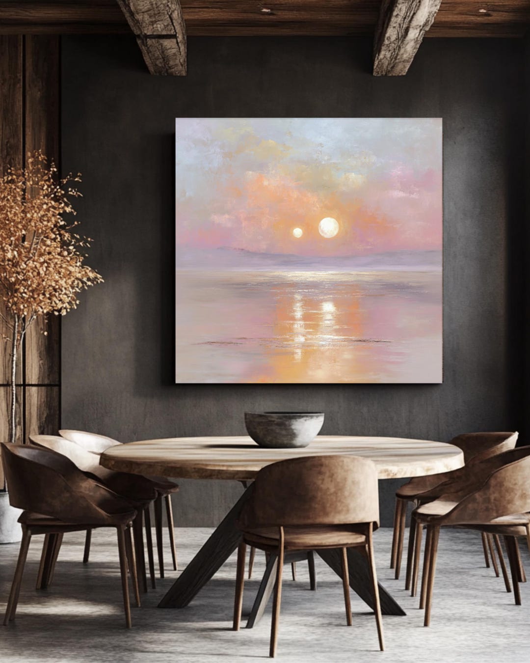 Soft Pastel Abstract Sunset Art, Peaceful Horizon With Twin Suns ...