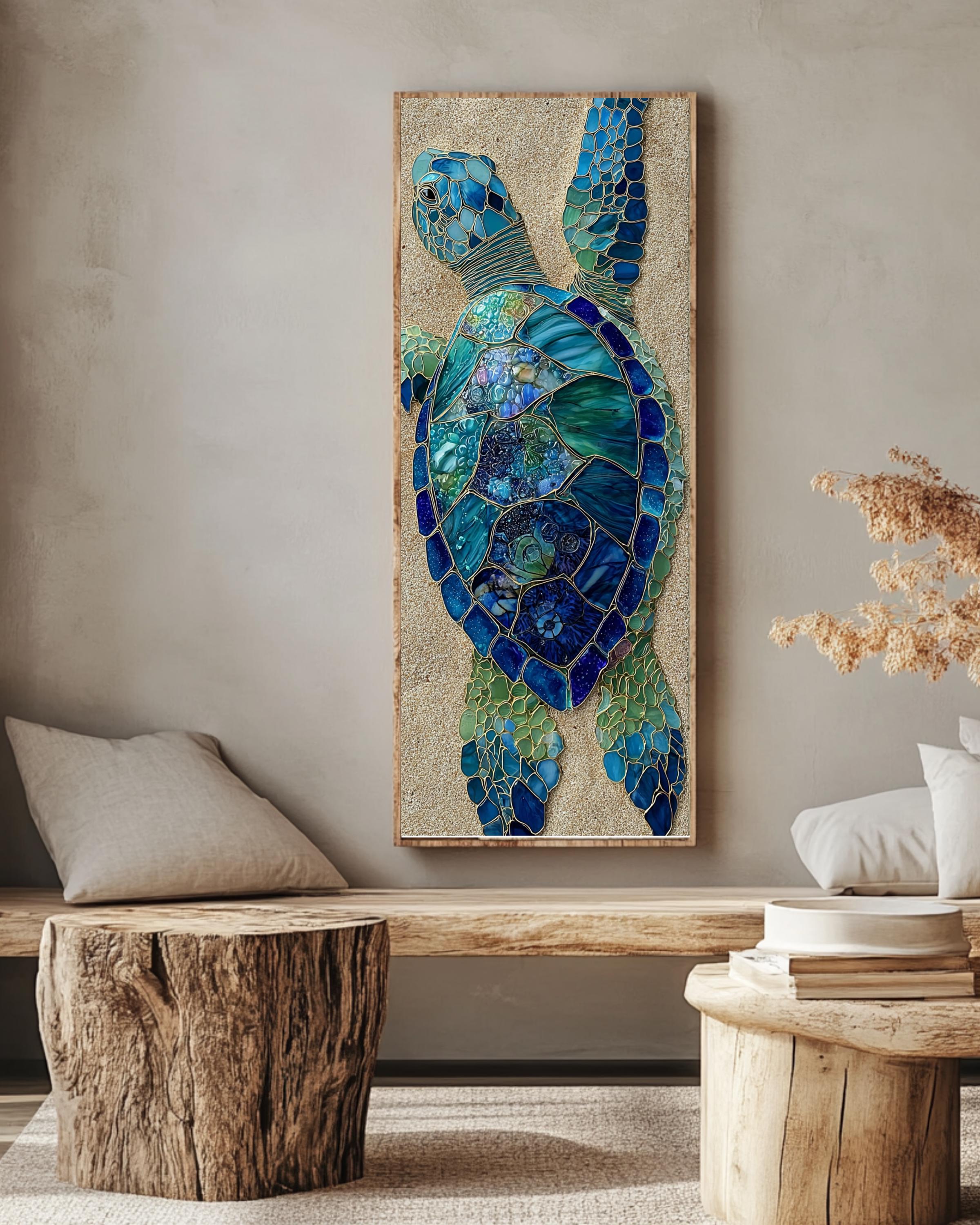 Vertical Sea Turtle Sea Glass Mosaic Canvas – Coastal Ocean Wall Art ...