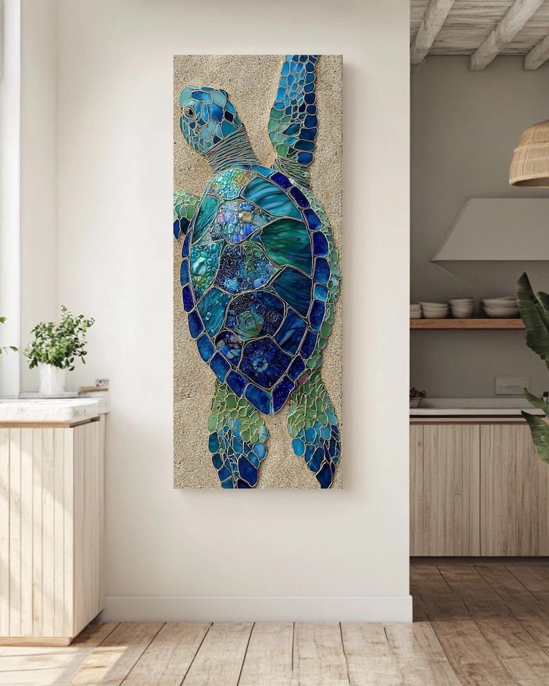 Vertical Sea Turtle Sea Glass Mosaic Canvas – Coastal Ocean Wall Art ...