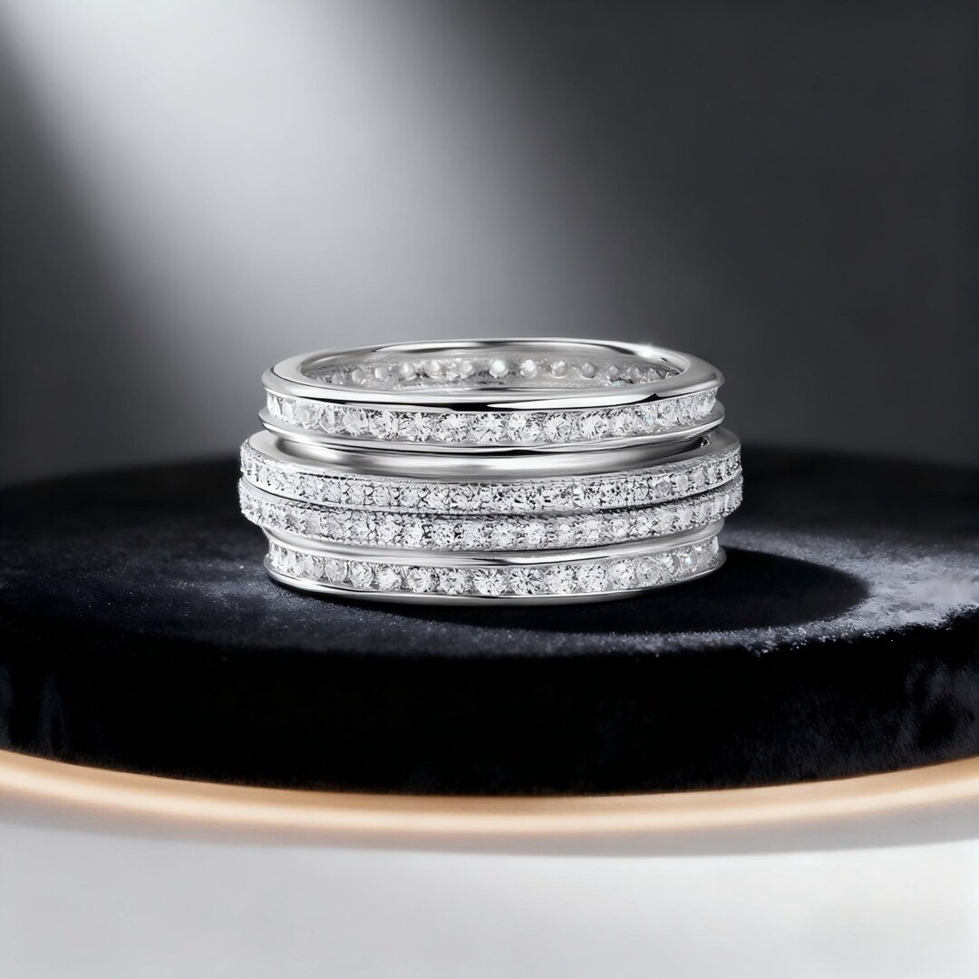 Sterling Silver Double Spinner Ring, Wide CZ Fidget Ring, Luxury ...