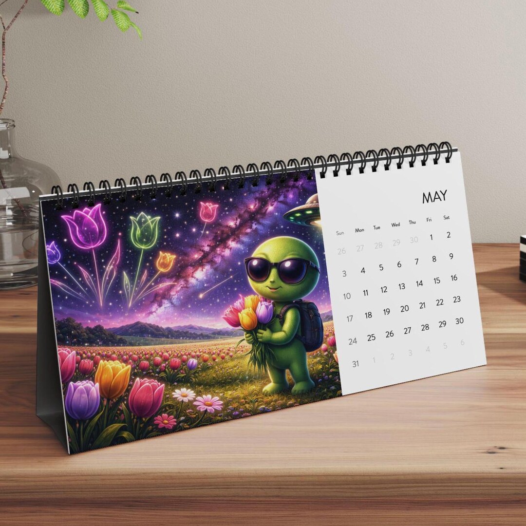 Cute Alien Spaceship Desktop Calendar 2026 | Space Alien Desk Calendar ...