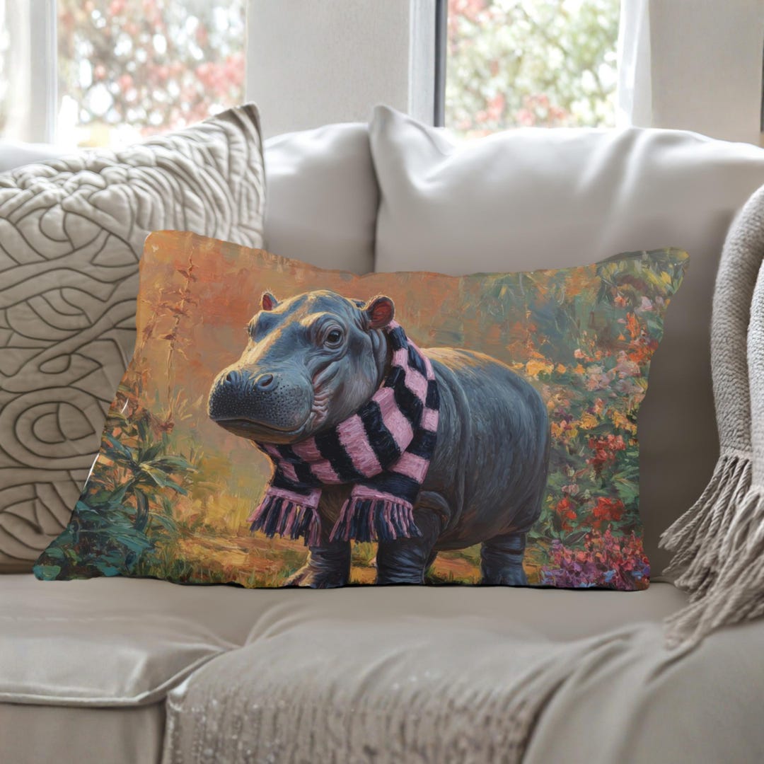 Whimsical Baby Hippo Oil Painting | Lumbar Pillow 20"x14" Spun ...