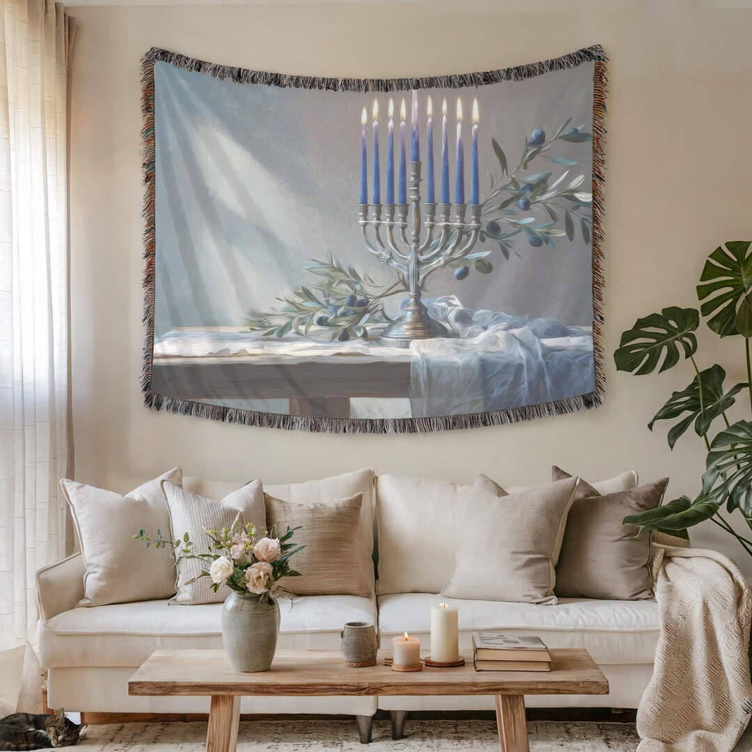 Hanukkah Menorah Woven Blanket - 100% Cotton Tapestry Throw, Artistic ...