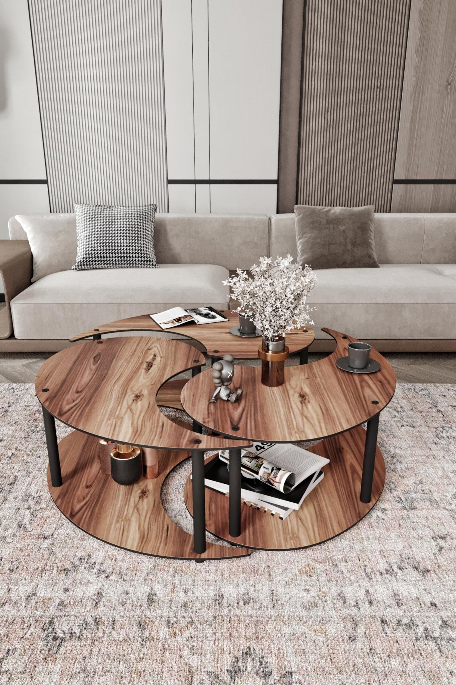 Yin Yang Coffee Table Set – Modern Walnut Nesting Tables With Hidden ...