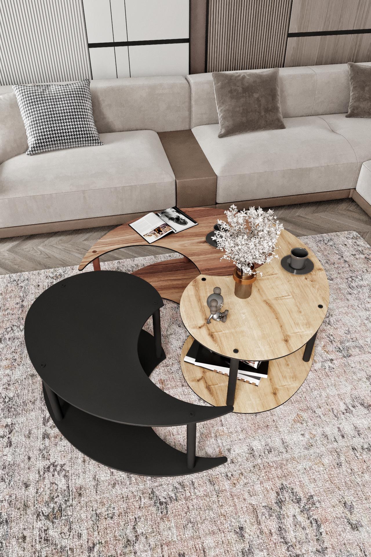 Modern Yin Yang Coffee Table Set – Walnut Veneer, Round Living Room ...