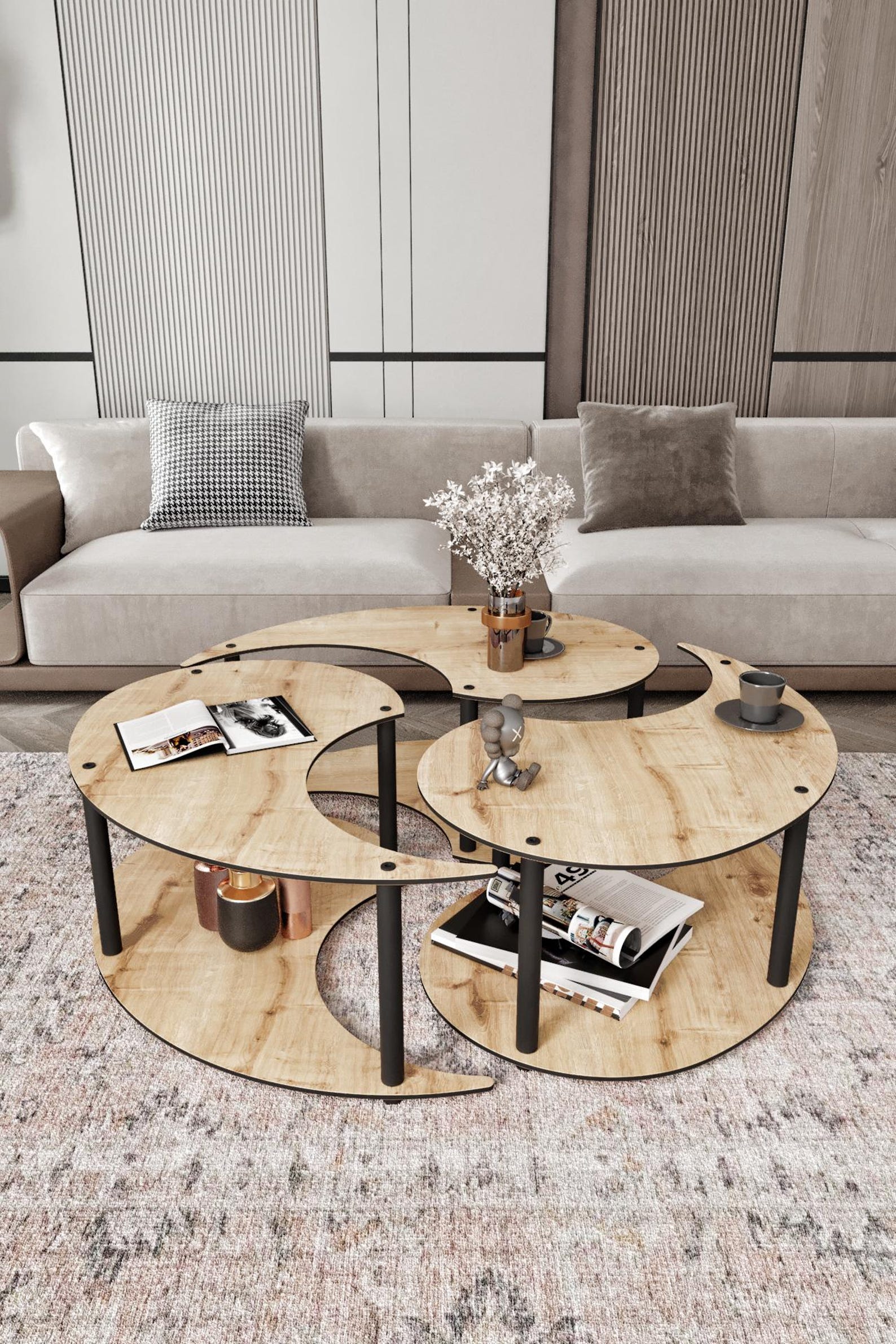 Yin Yang Coffee Table Set – Modern Walnut Nesting Tables With Hidden ...
