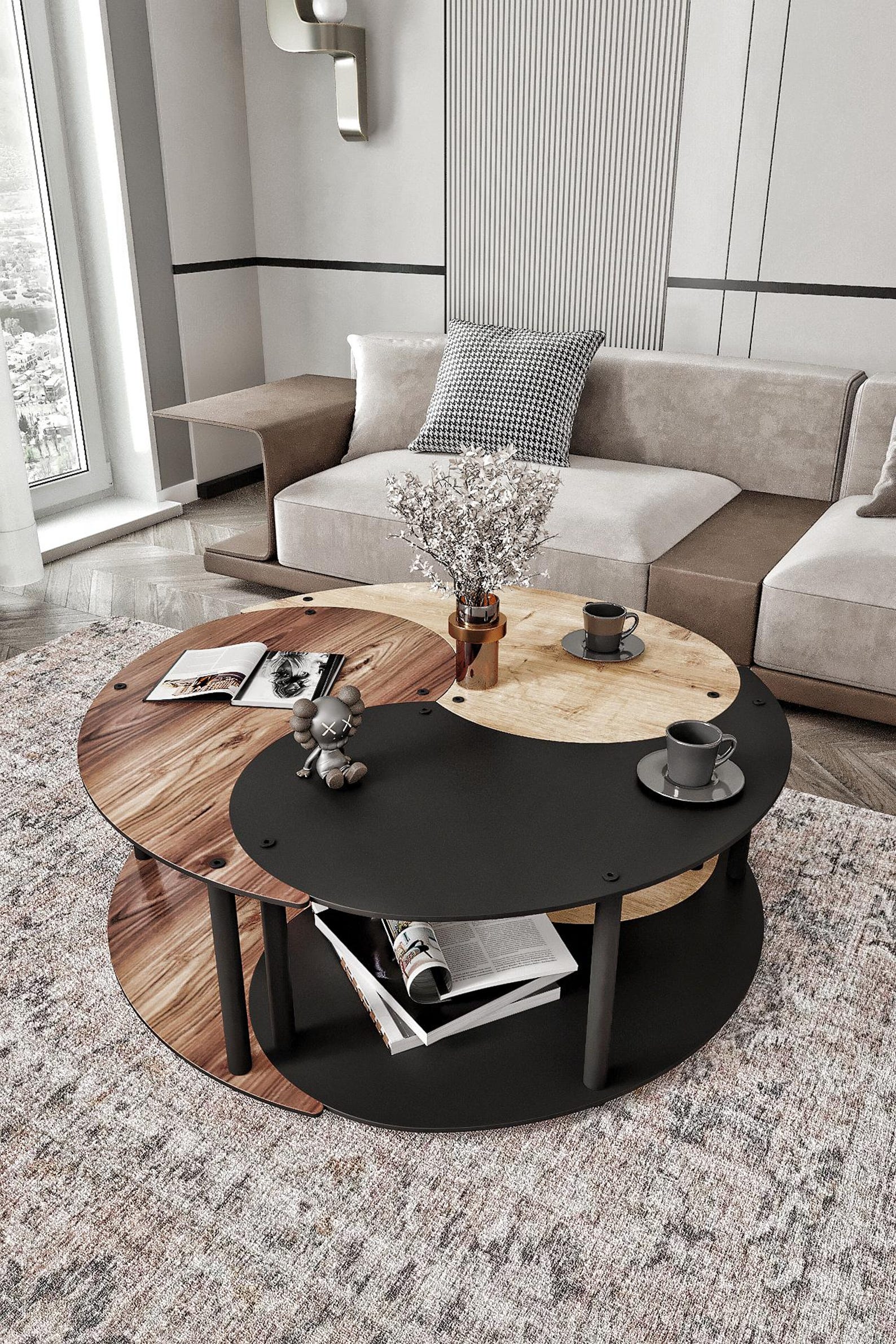 Yin Yang Coffee Table Set – Modern Walnut Nesting Tables With Hidden ...