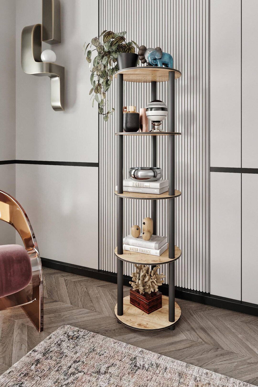 Modern 5-tier Round Bookshelf, 34 Cm Circular Design, Masivo Walnut ...