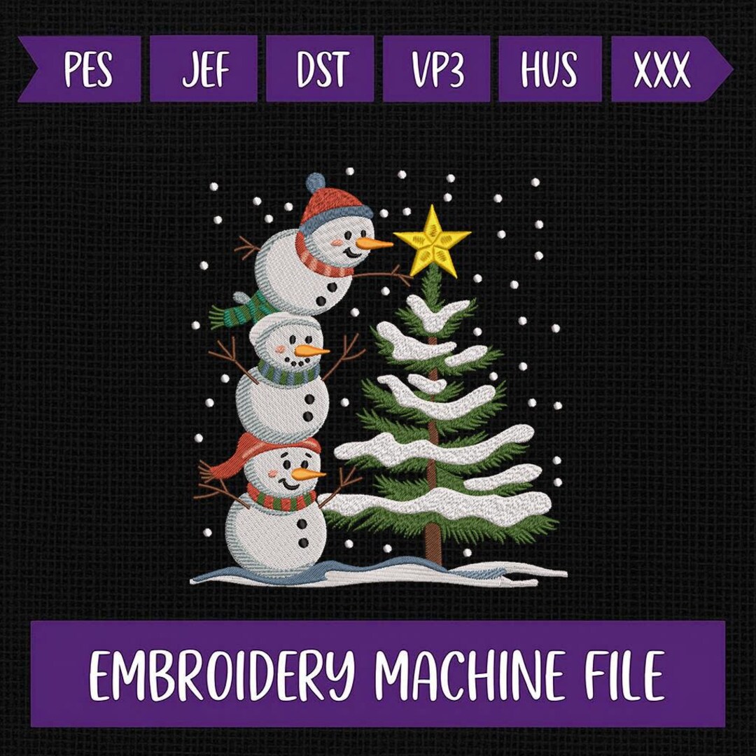 Snowman Stack Embroidery Design, Three Snowmen Christmas Tree Star ...