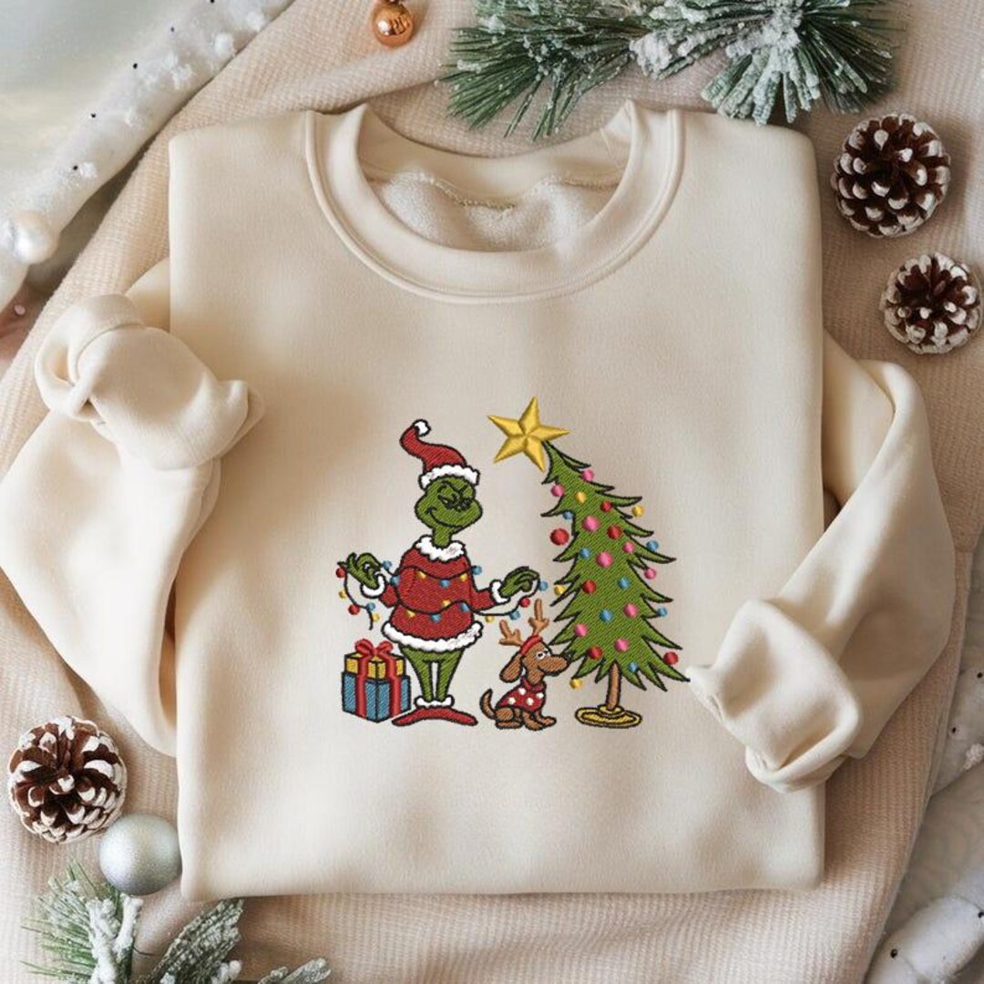 Grinch Christmas Embroidery Design, Grinch & Max Tree Lights, Holiday ...