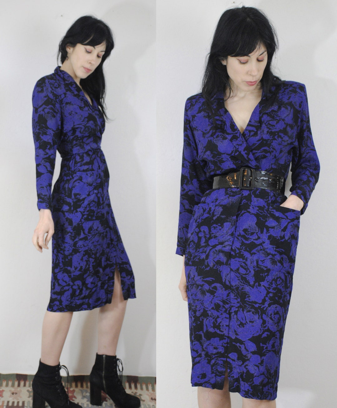 70s 80s Barbara Barbara California Dress Avant Garde Floral Deep Neck ...