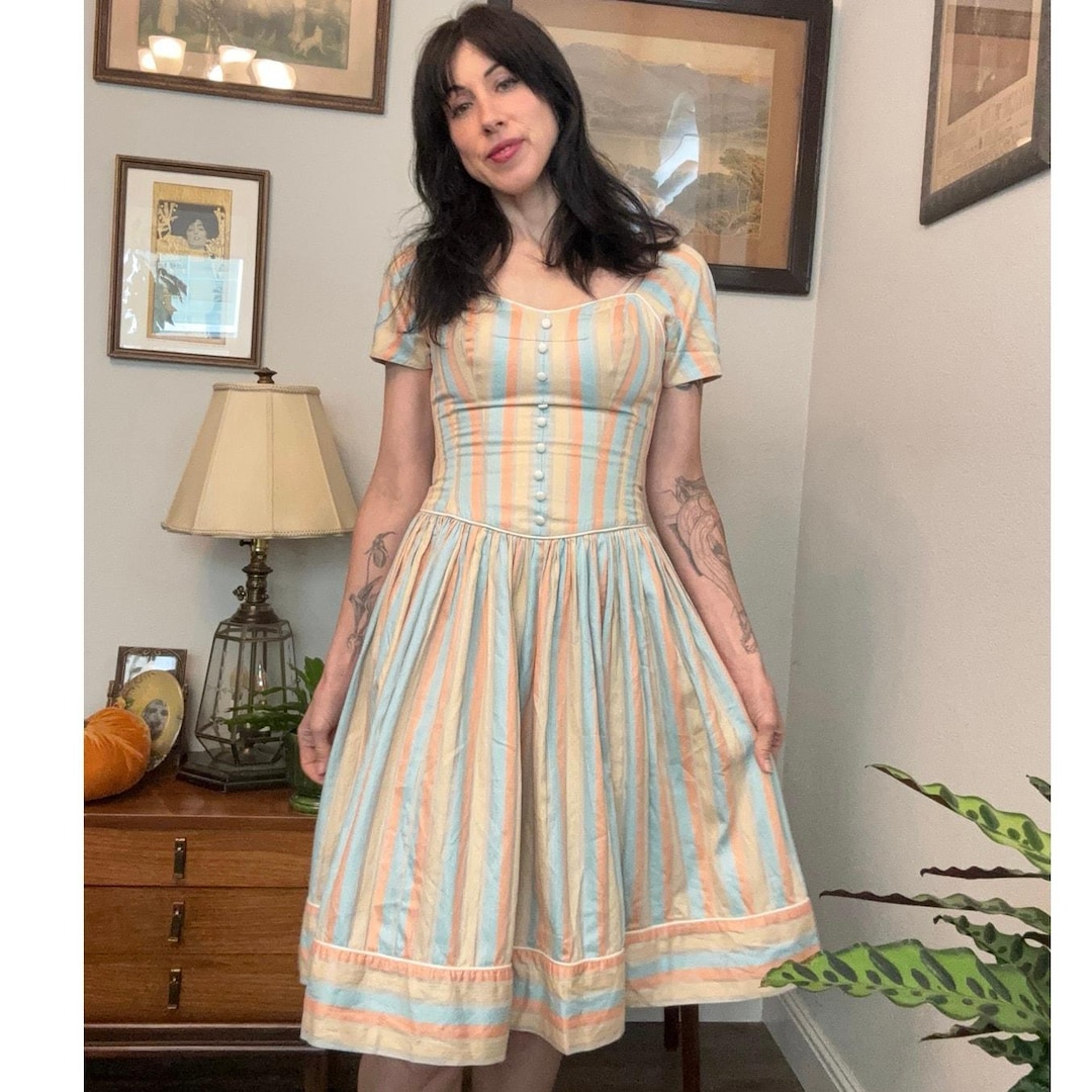 60s 50s Candy Jones Pastel Striped A Line Dress Full Skirt Fitted ...