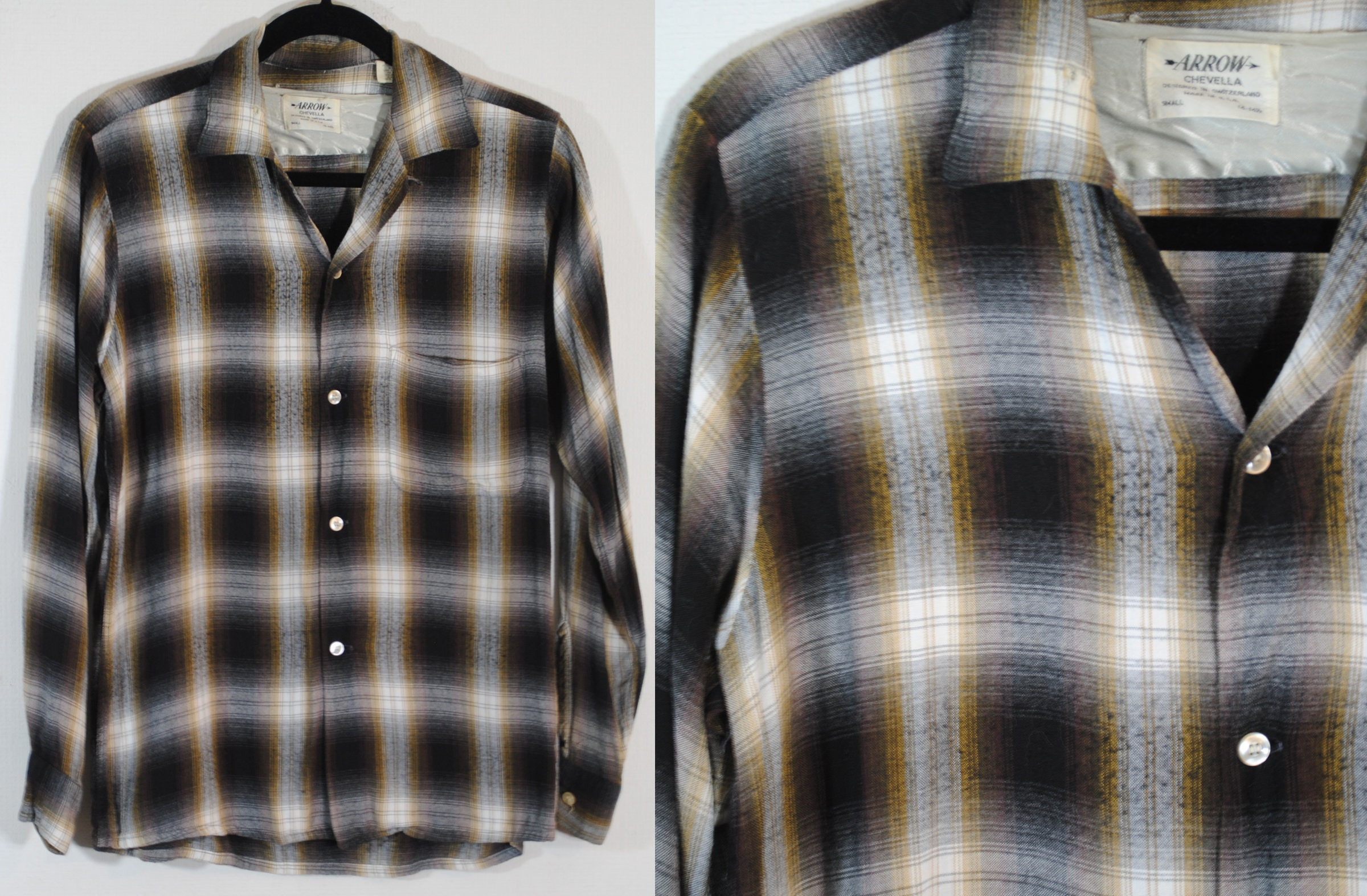 50s 60s Shadow Plaid Arrow Chevella Rayon Flannel Button 50s 60s Shadow Plaid Arrow Chevella Rayon Flannel Button