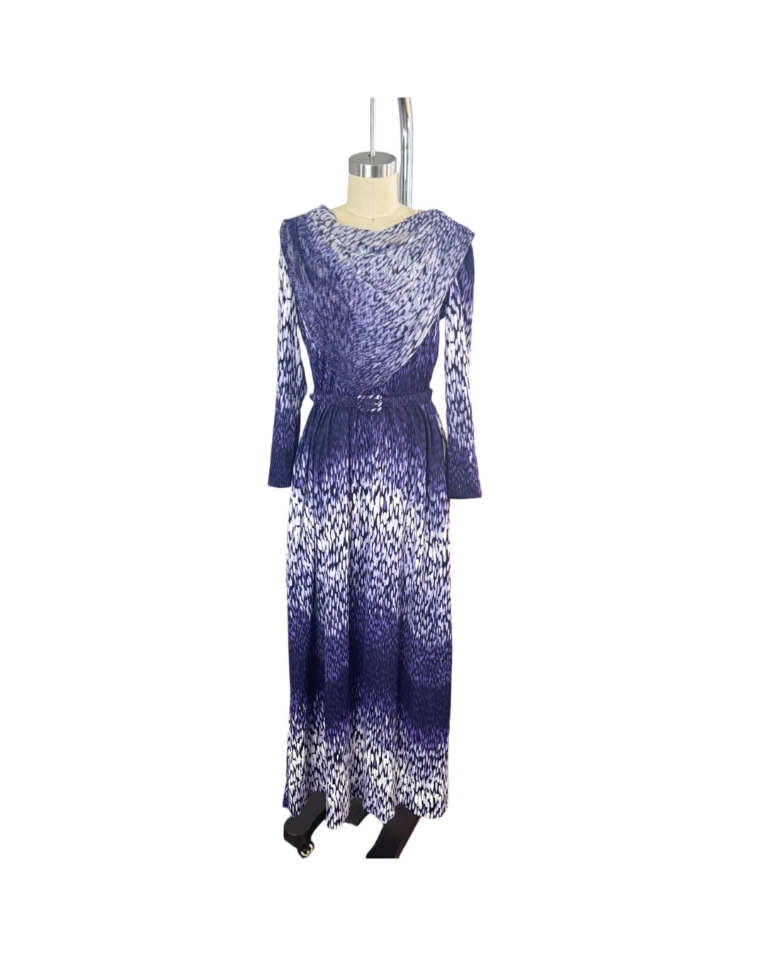 Luigi of Naples 70s Dress Abstract Raindrop Print Scarf Neckline Purple ...