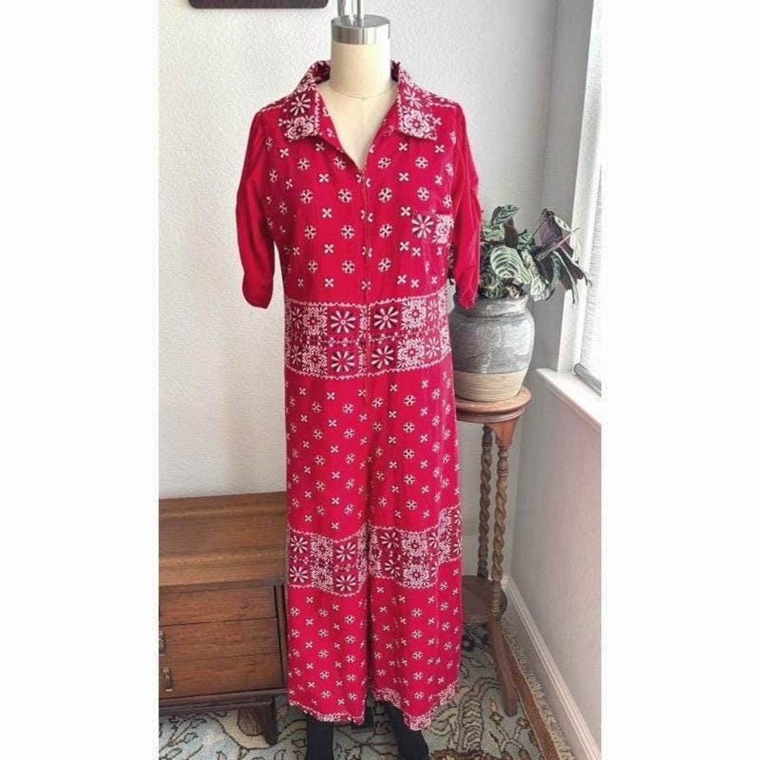 Bandana Print Red Jumpsuit Front Zip 70s Vintage Lined Cotton Bohemian ...
