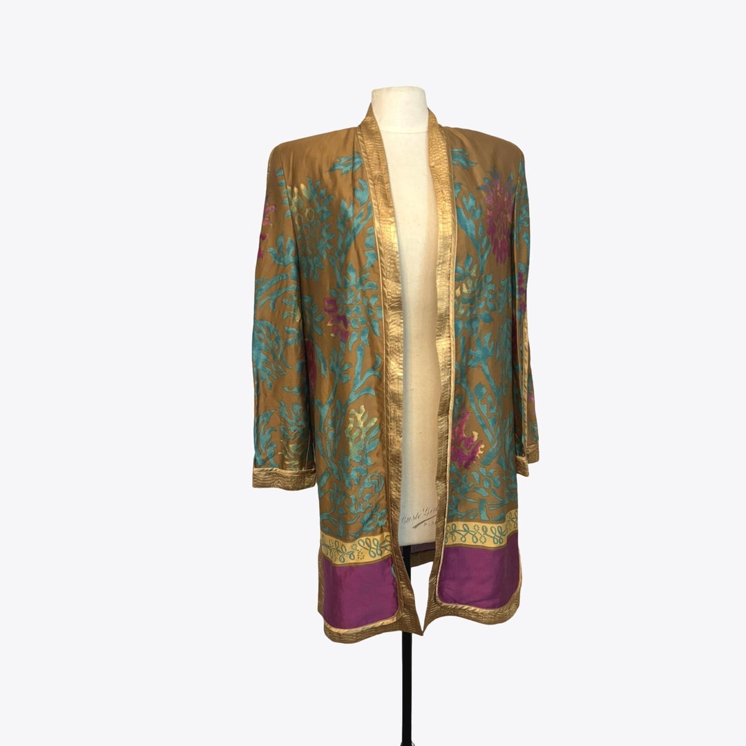Vintage 80s Jeanne Marc Open Coat Blazer Duster Rich Gold and Floral ...