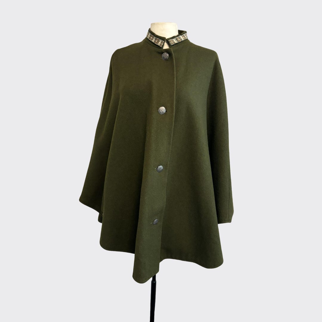 Vintage Wool Austrian Cape Coat Army Green Tauernwolle Embroidered Folk ...
