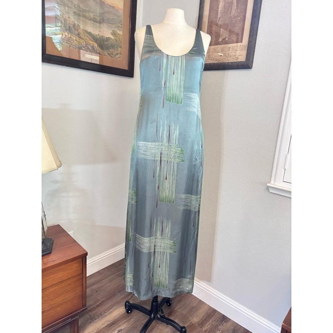 90s Designer Emporio Armani Made in Italy Satin Slate Blue Abstract ...