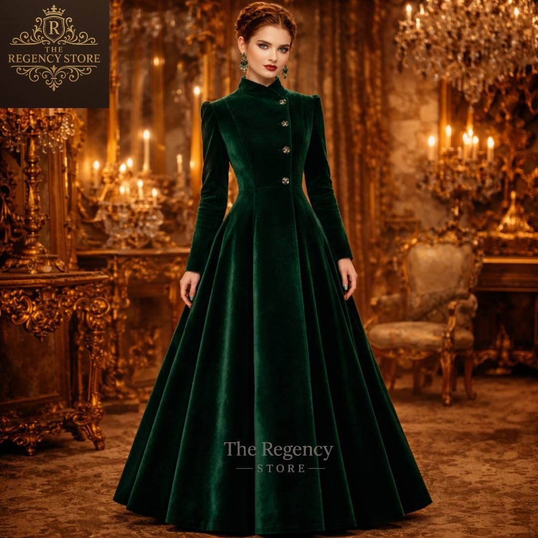 Women’s Emerald Velvet Regency-gown, Victorian-inspired Long Sleeve ...