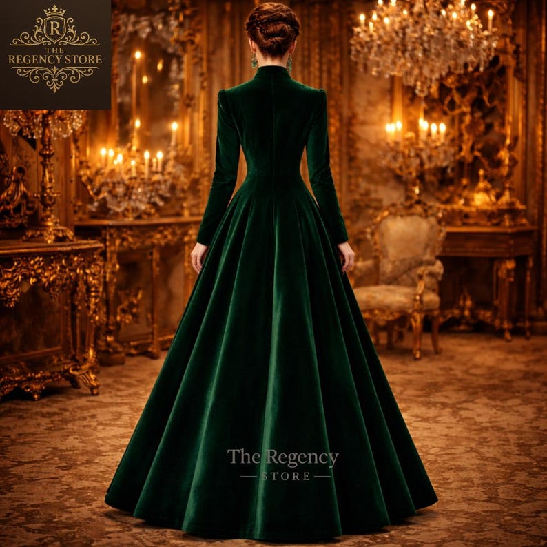 Women’s Emerald Velvet Regency-gown, Victorian-inspired Long Sleeve ...