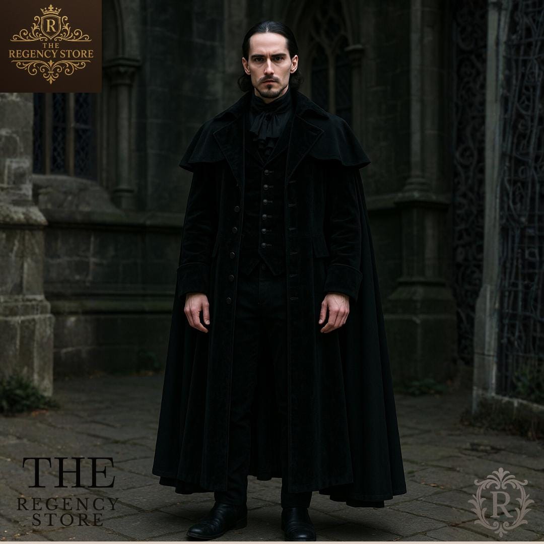 Victorian Gothic Black Velvet Inverness Cloak Coat – Men’s Full-length ...