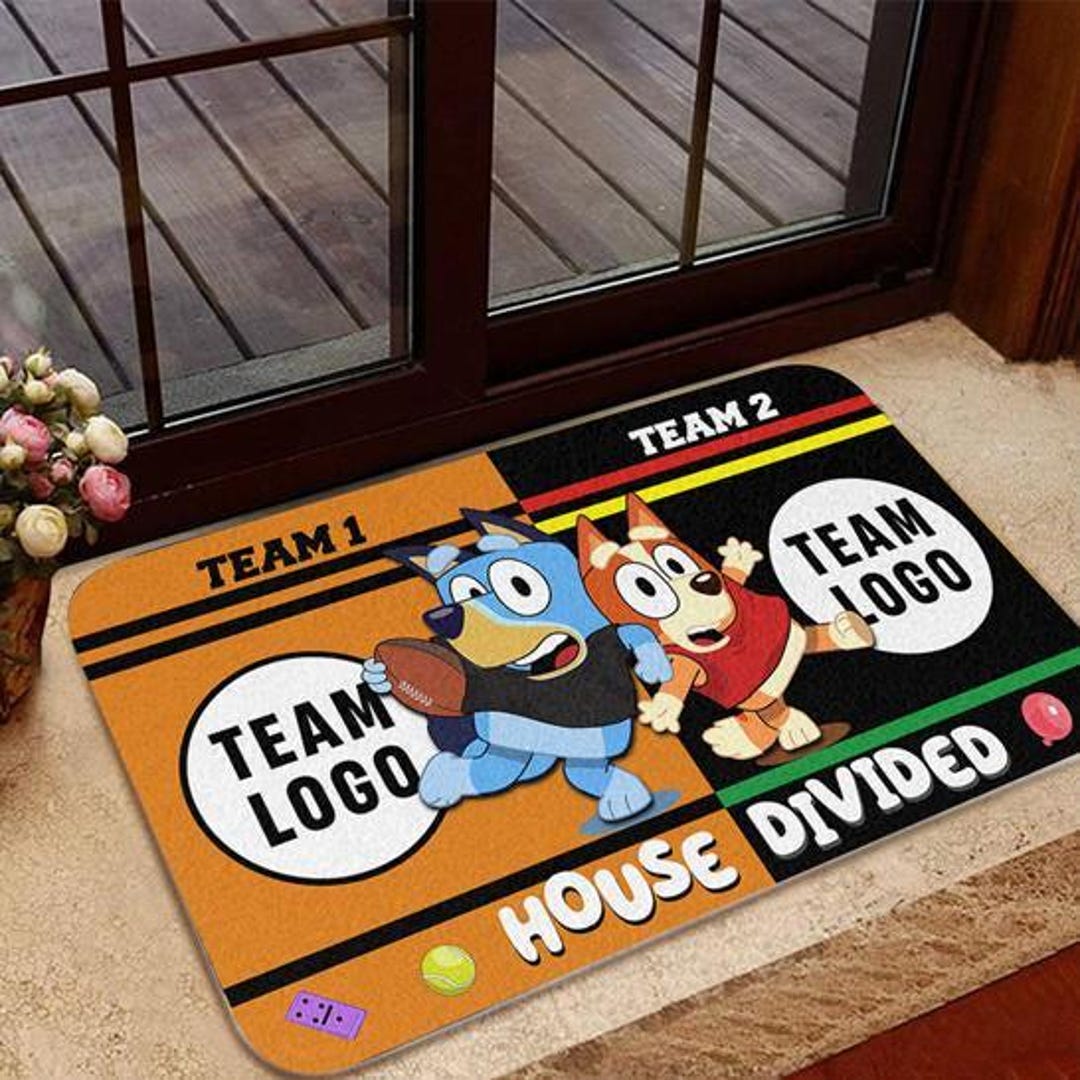 Custom Bluey Football Team Door Mat, Personalized Bluey House Divided ...