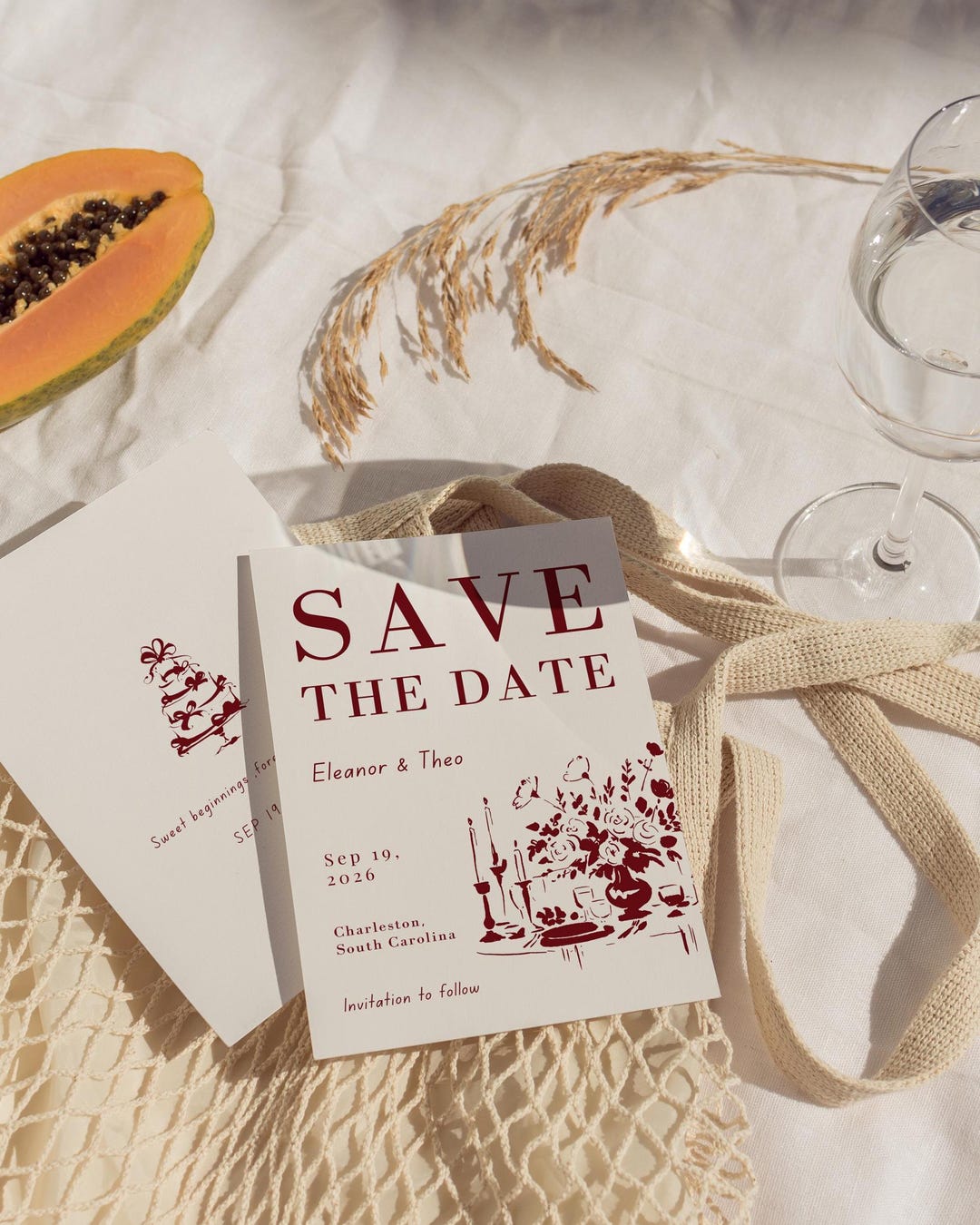 Save the Date Template - Hand Drawn Cake & Wedding Table Illustration ...