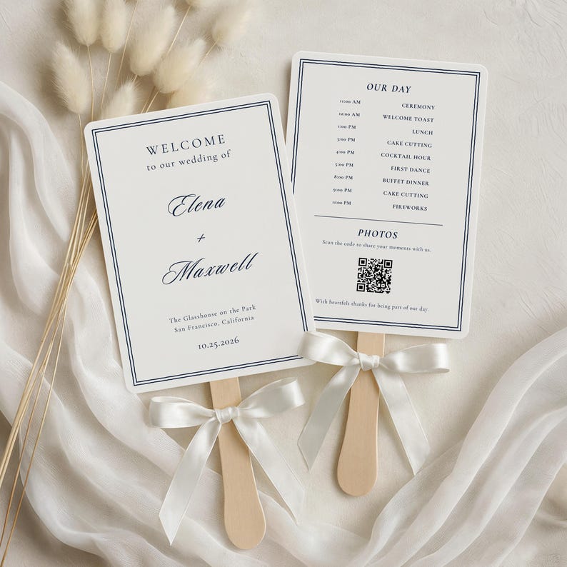 Wedding Program Fan Template - Minimal Navy Blue Order of Events Fan ...