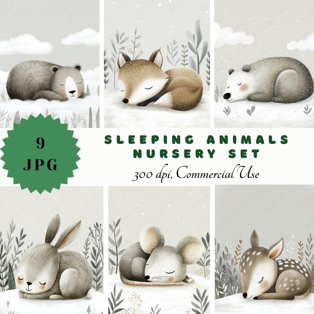 Sleeping Woodland Baby Animals Nursery Wall Art Set of 9, Scandinavian ...