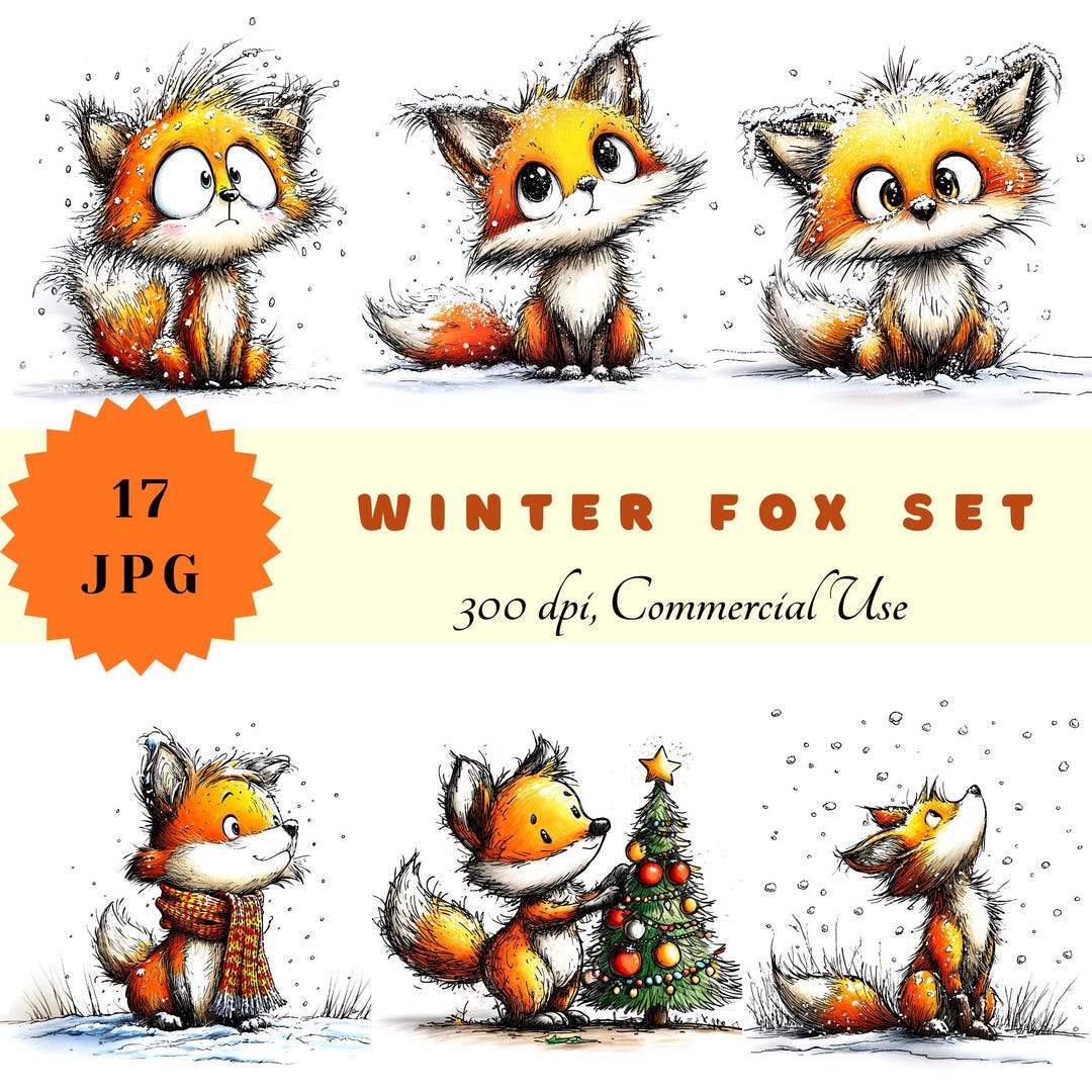 Winter Fox Clipart Set | Cute Fox Illustrations | 17 JPG for Cards ...