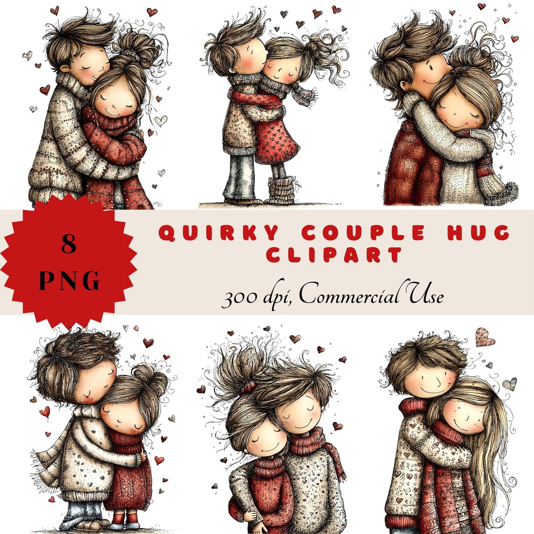 Quirky Couple Hug Clipart 8 PNG Set, Valentine Love Illustration, Cute ...