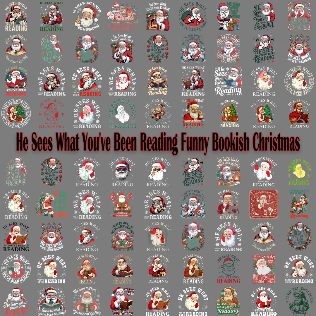 Funny Bookish Santa Christmas PNG Bundle, Reading Santa (digital ...