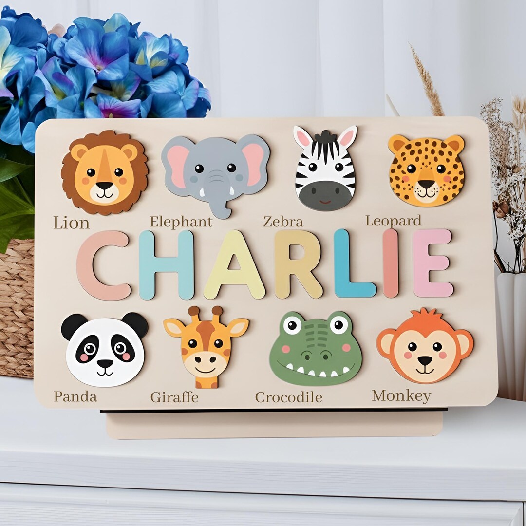 Personalized Name Puzzle Board, Animal Name Puzzle, Wooden Montessori ...