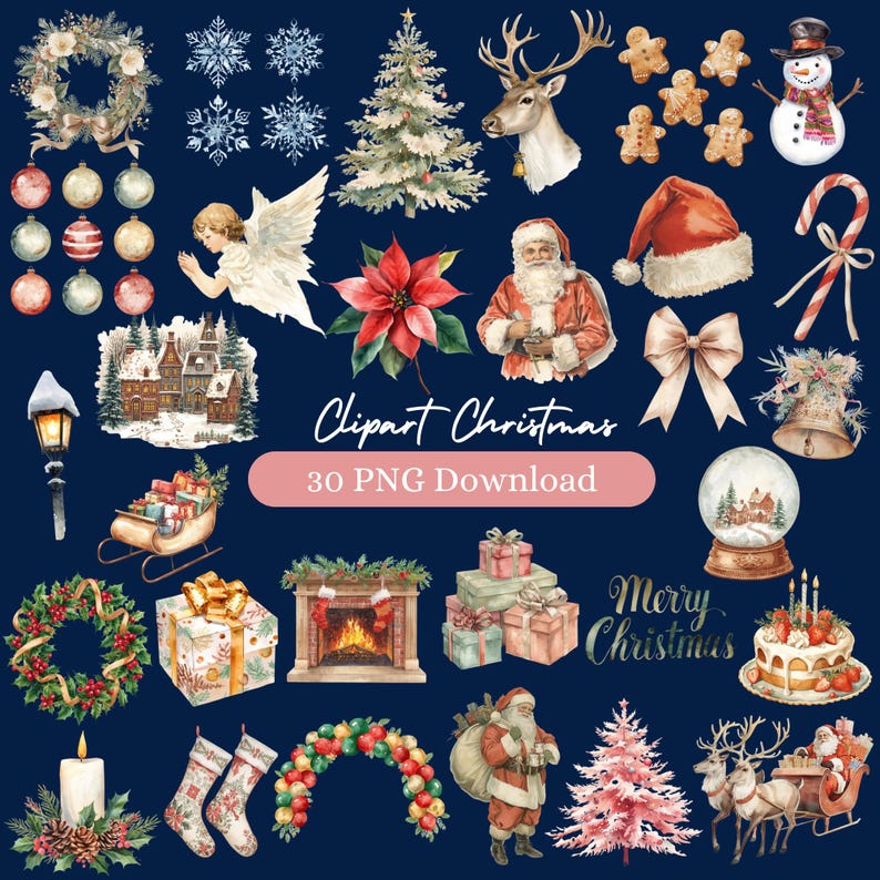 Christmas Watercolor Clipart Bundle | Cute Holiday PNG Set | Winter ...