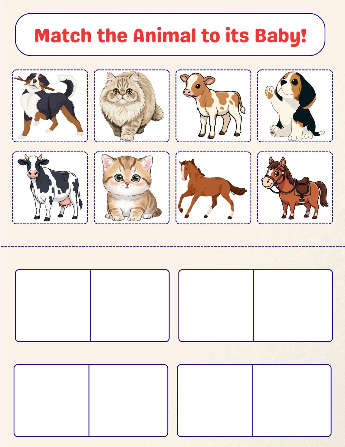 Baby Animal Matching Worksheet for Kids | Preschool Learning Activity ...