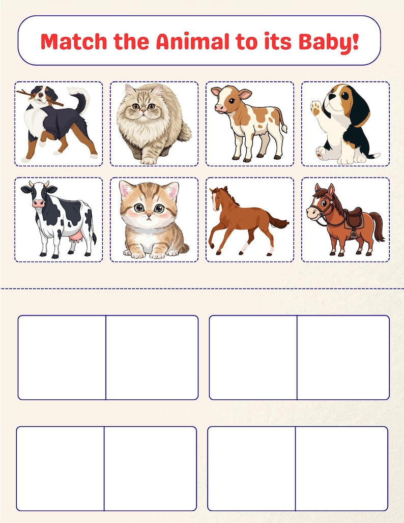 Baby Animal Matching Worksheet for Kids | Preschool Learning Activity ...
