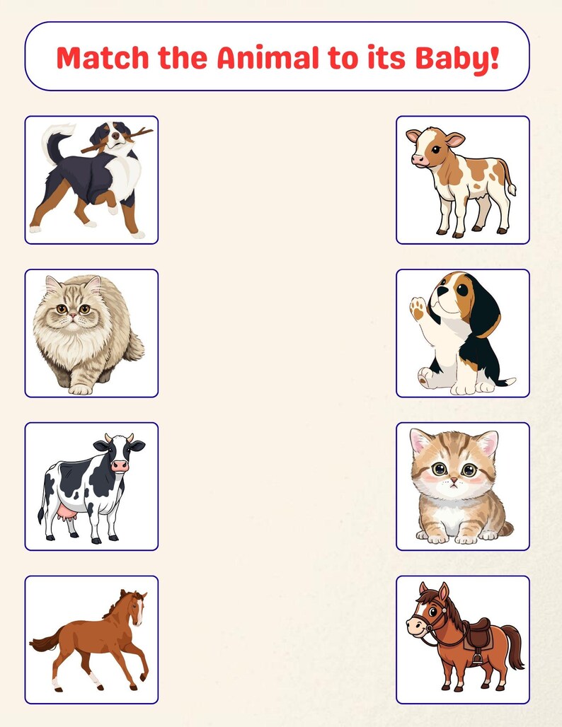 Baby Animal Matching Worksheet for Kids | Preschool Learning Activity ...