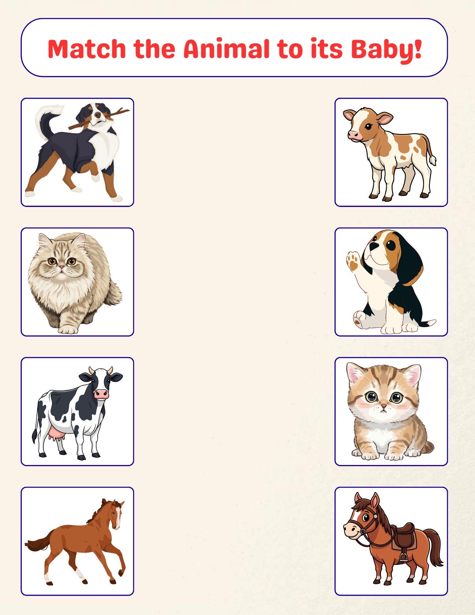 Baby Animal Matching Worksheet for Kids | Preschool Learning Activity ...