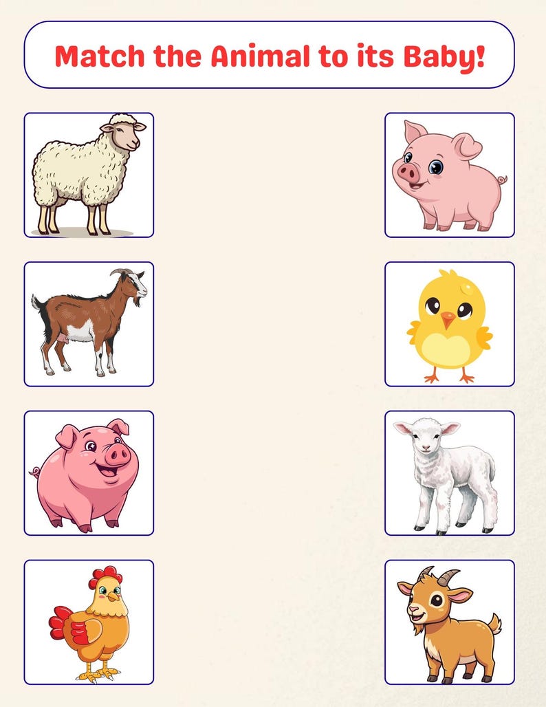 Baby Animal Matching Worksheet for Kids | Preschool Learning Activity ...