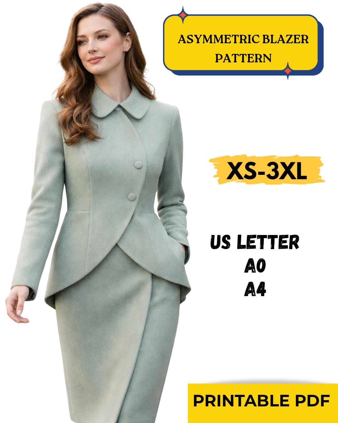 Asymmetric Jacket Sewing Pattern, Peter Pan Collar Coat, Peplum Blazer ...