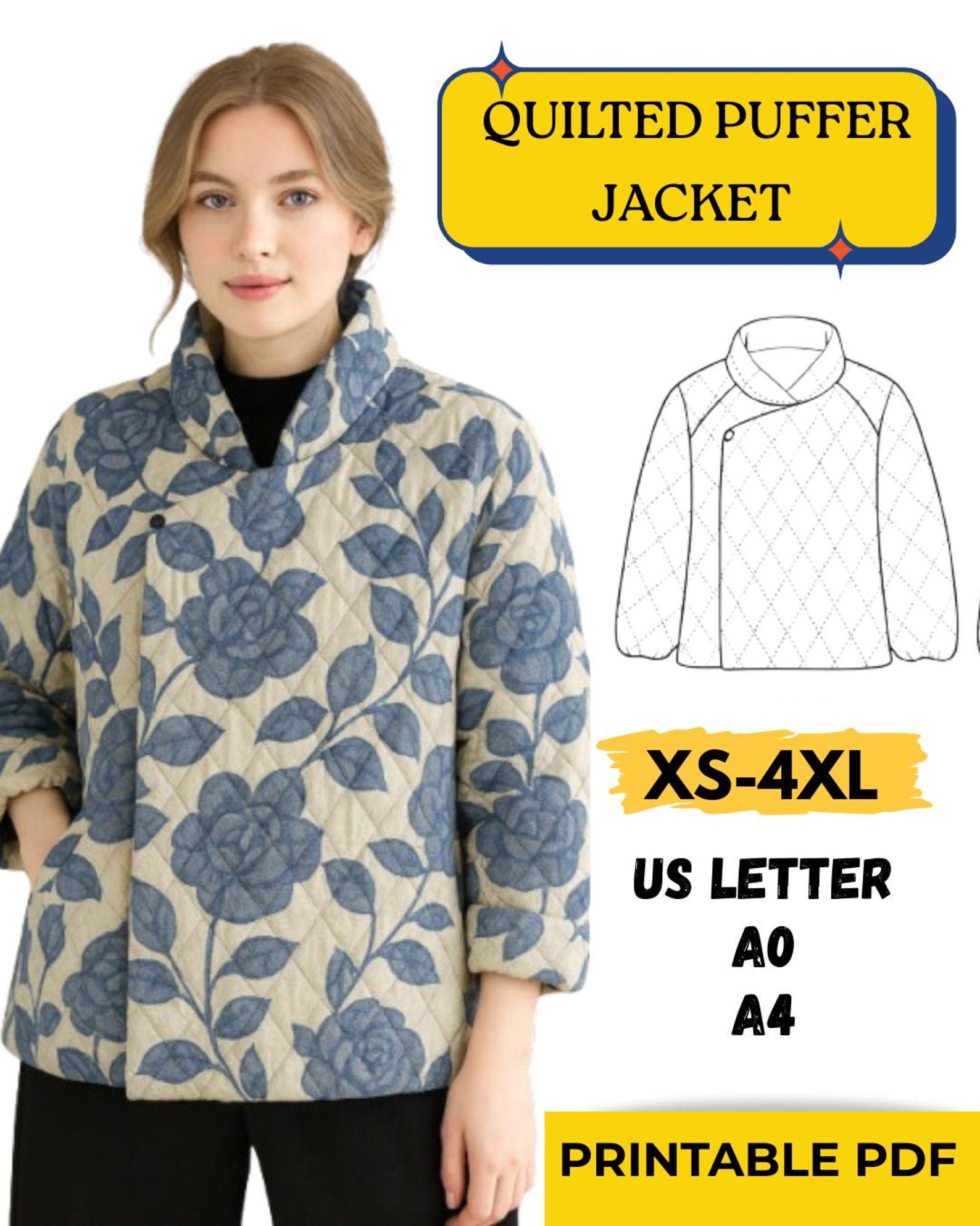 Funnel Neck Jacket Sewing Pattern PDF | Quilted Jacket Sewing Pattern ...