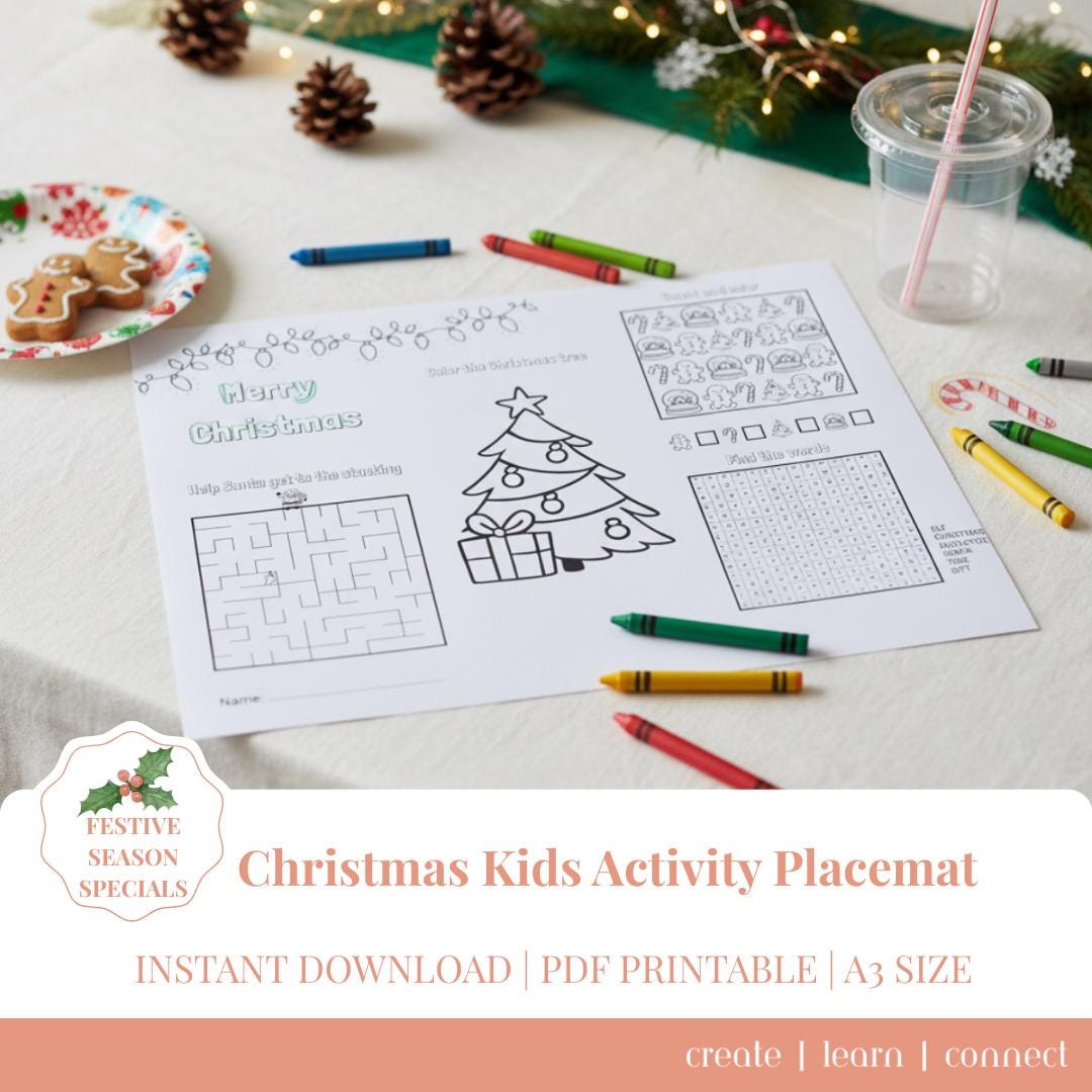 Christmas Activity Placemat for Kids | Maze, Word Search, Count & Color ...