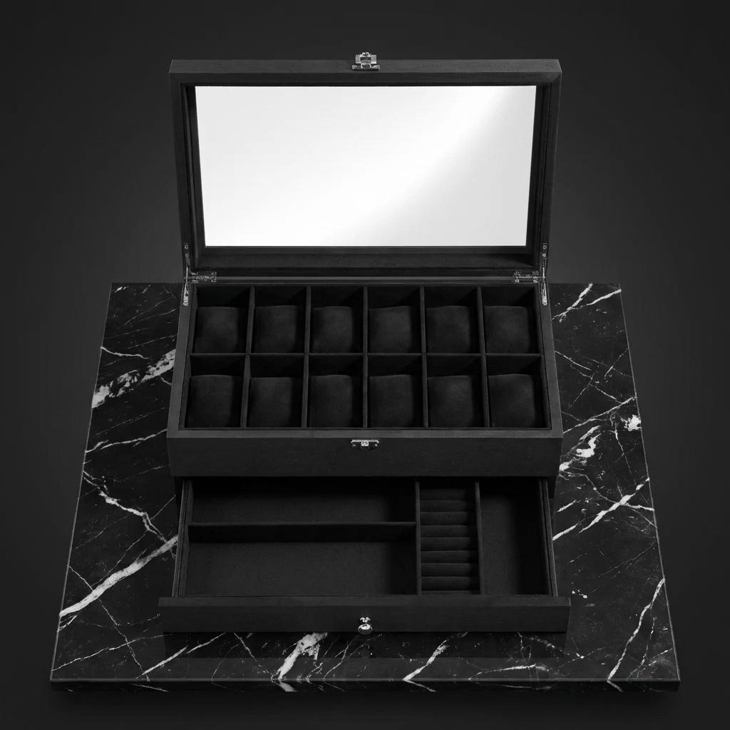 Wood Watch Box With Glass Lid, 2 Layer Watch Organizer With 8,12 Slots ...